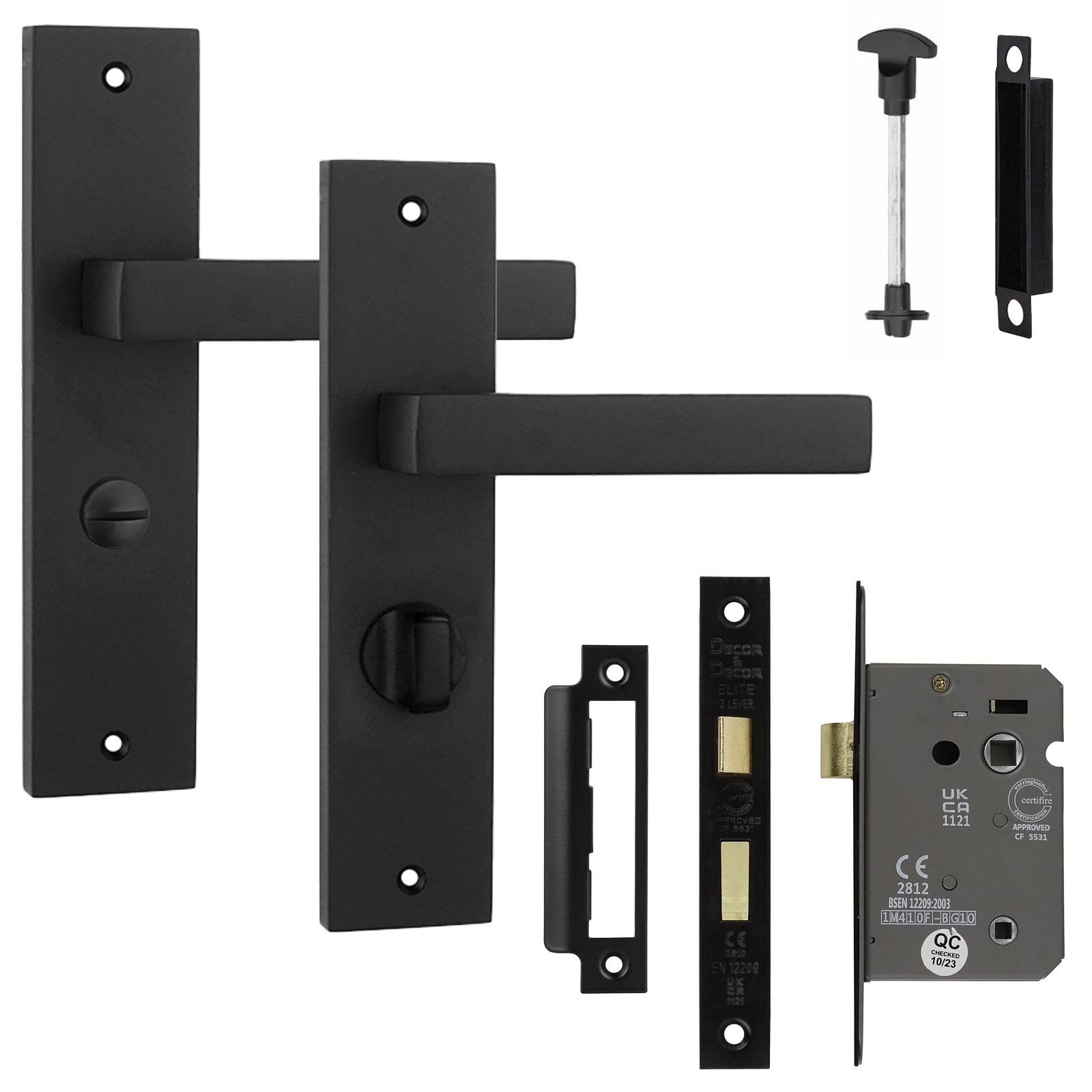 WC Door Handle Set Matt Black + 2.5" Lock | Complete Kit