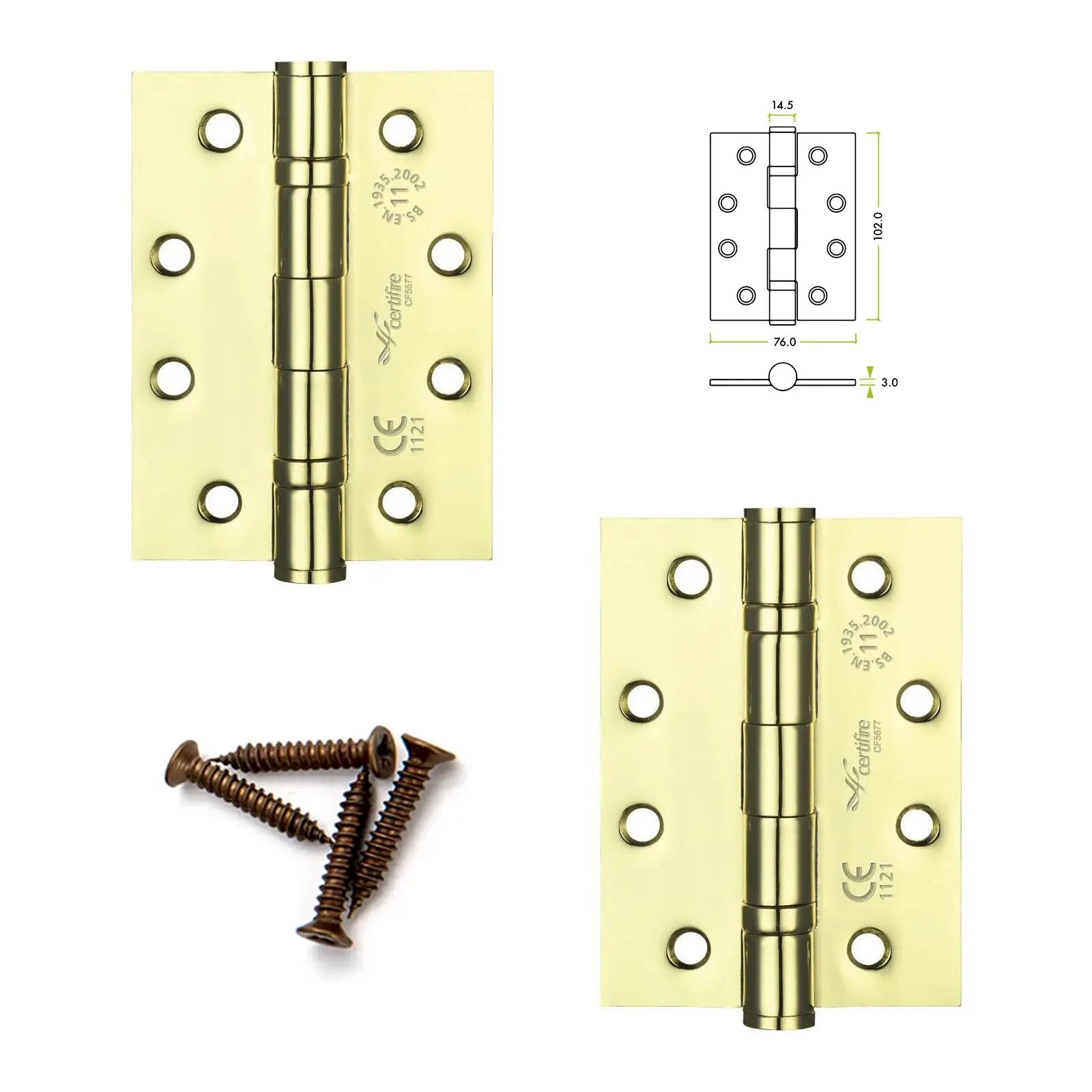 Fire Rated Door Hinges - Ball Bearing - 102mm - Satin Nickel - Pair