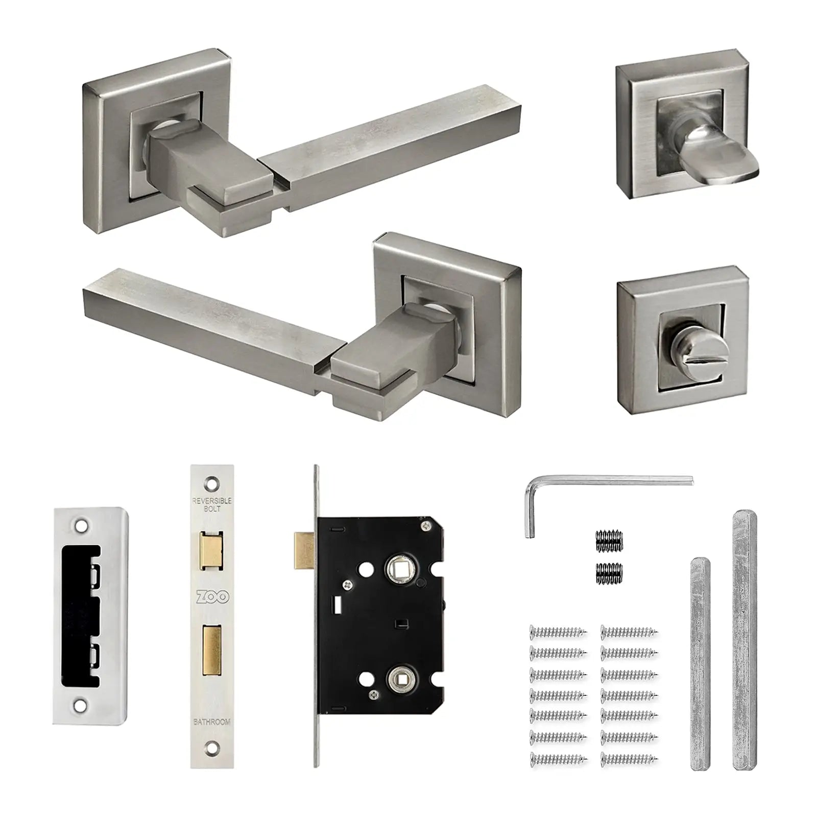 Nexus Satin Nickel Lever & Bathroom Lock Kit Set for Doors